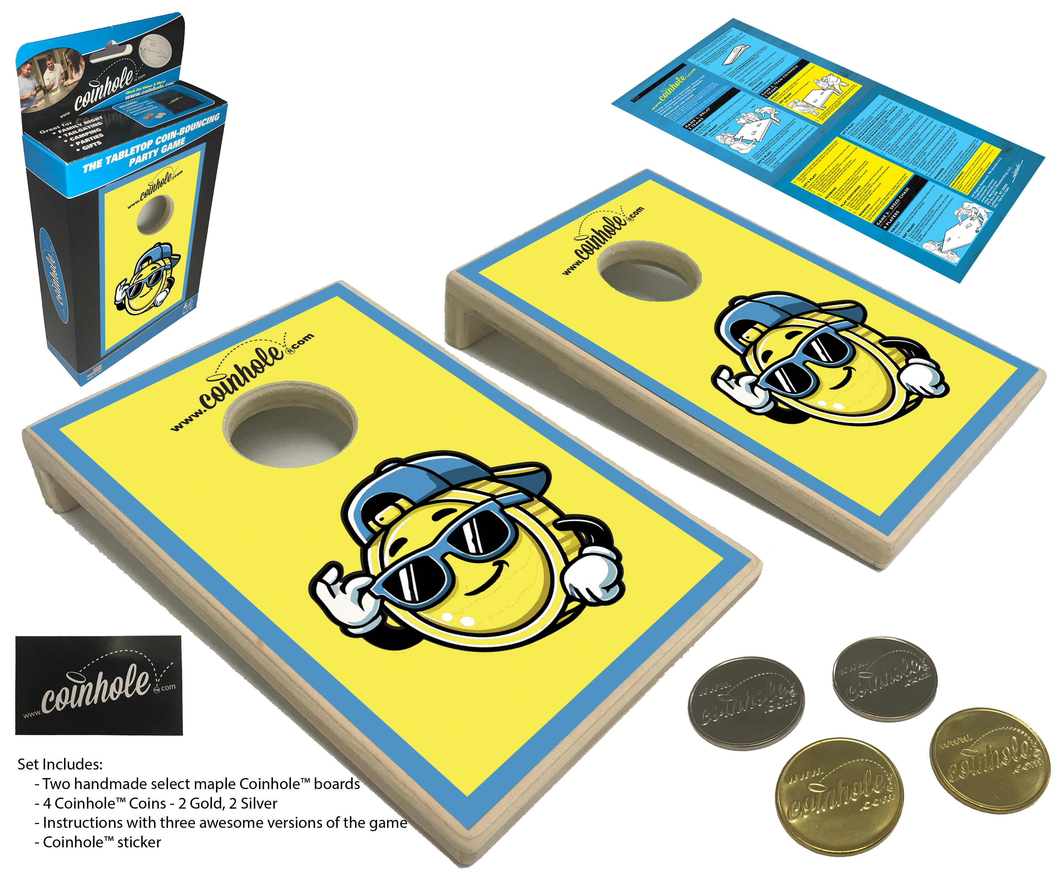 Coinhole® Official Carl Coin Mascot Yellow - Tabletop Game Set (Closeo